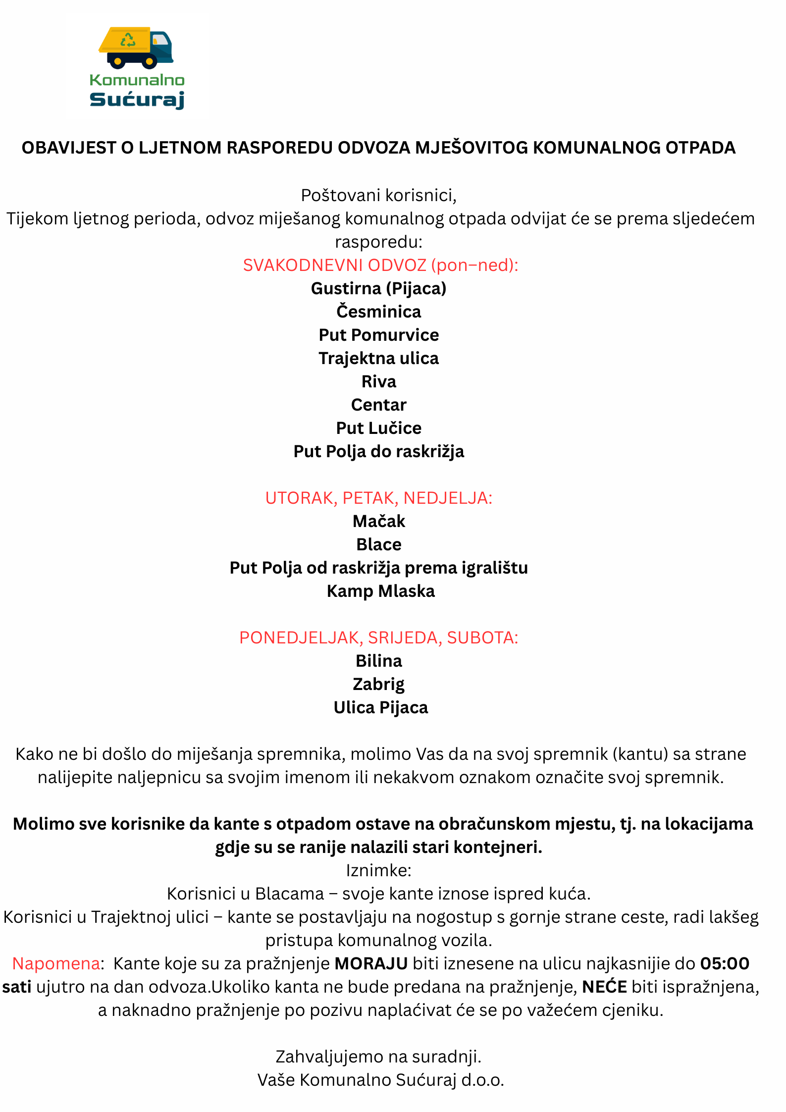 Raspored odvoza | Komunalno Sućuraj d.o.o.